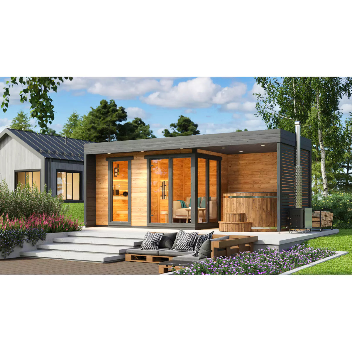 Terra L Plus Outdoor Cabin Sauna With Changing Room & Covered Area ...